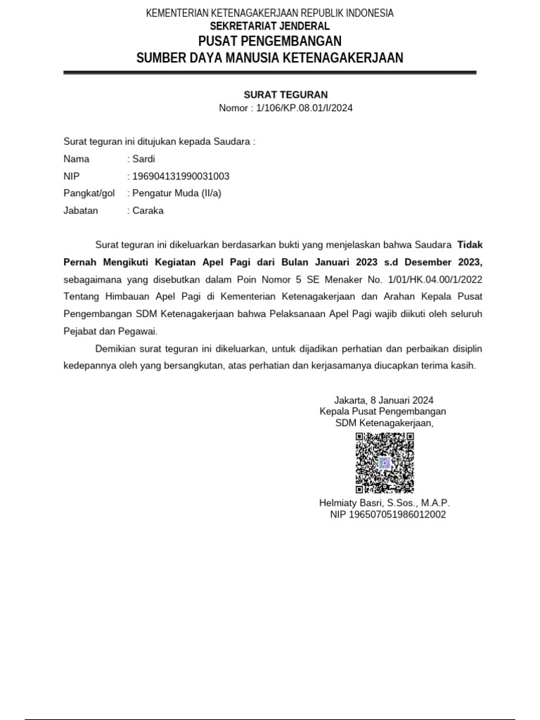 106 - Surat Teguran Disiplin Pegawai Tidak Mengikuti Apel Pagi An ...