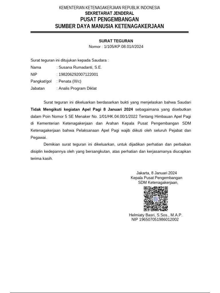 105 - Surat Teguran Disiplin Tidak Mengikuti Apel Pagi Pada 8 Januari ...