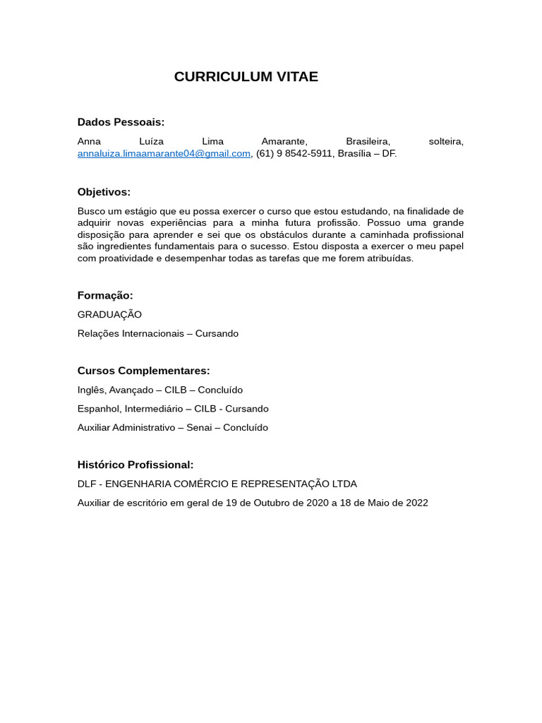 Curriculum-Vitae Anna Luiza Lima | PDF | Carreira e Crescimento
