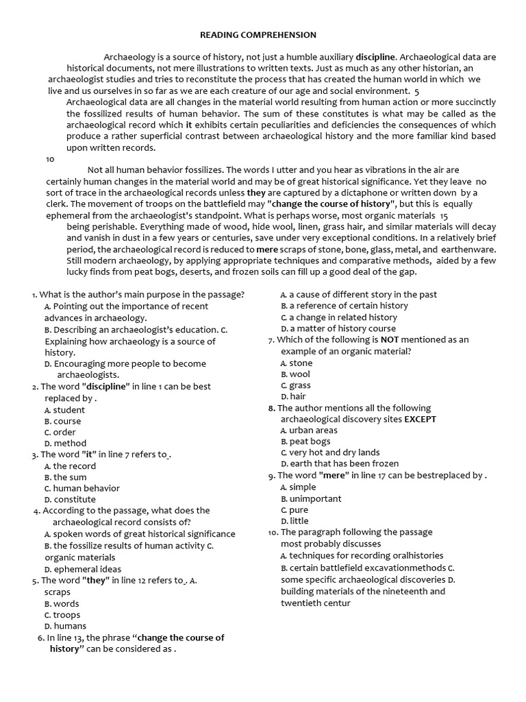 READING COMPREHENSION | PDF | Archaeology
