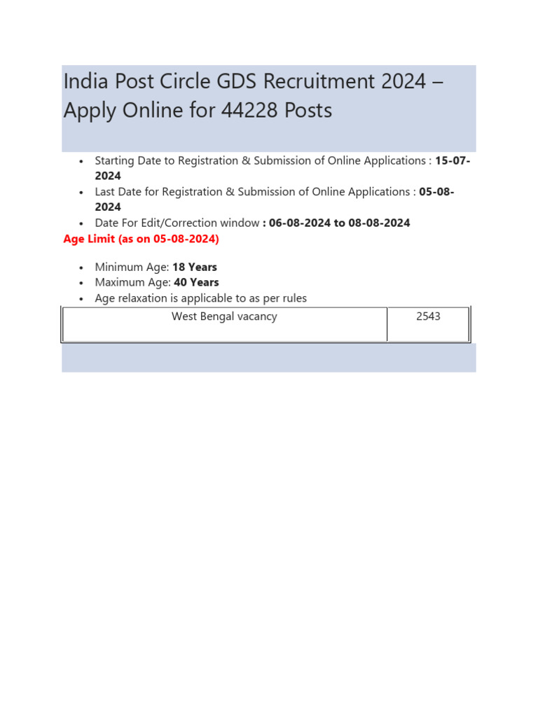 India Post Circle GDS Recruitment 2024 - Apply Online For 44228 Posts | PDF