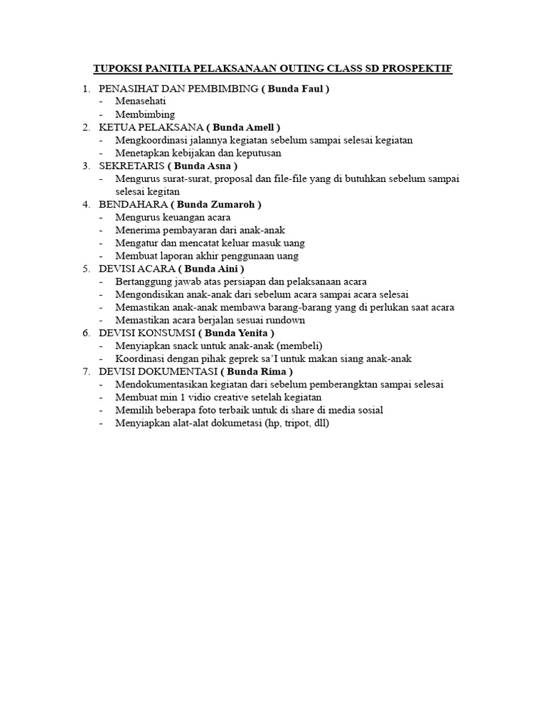 Tupoksi Panitia Pelaksanaan Outing Class SD Prospektif-1 | PDF