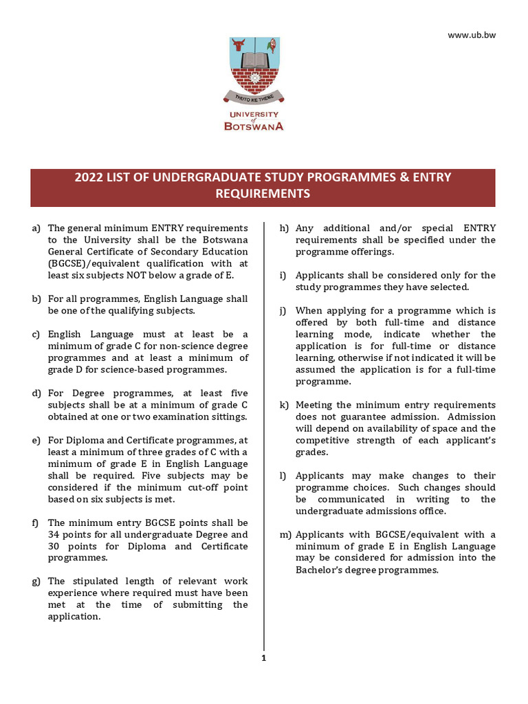 List of Undergraduate Study Programmes and Their Entry Requirements For August 2022 23022023 ...