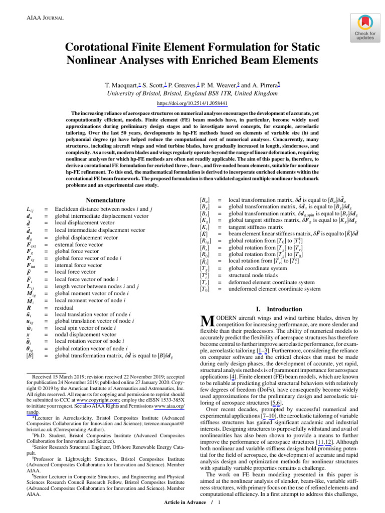 134-Corotational Finite Element Formulation For Static Nonlinear Analyses With Enriched Beam ...