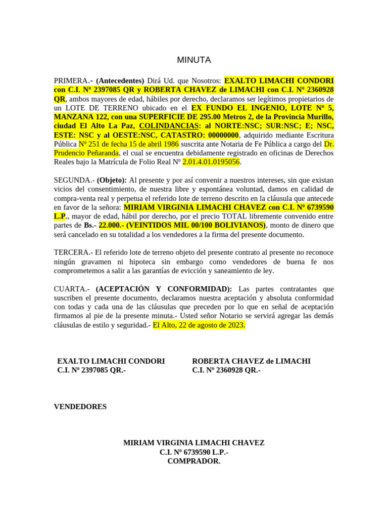 MINUTA Compra Venta de Lote de Terreno (Para Escritura) | PDF | Derecho