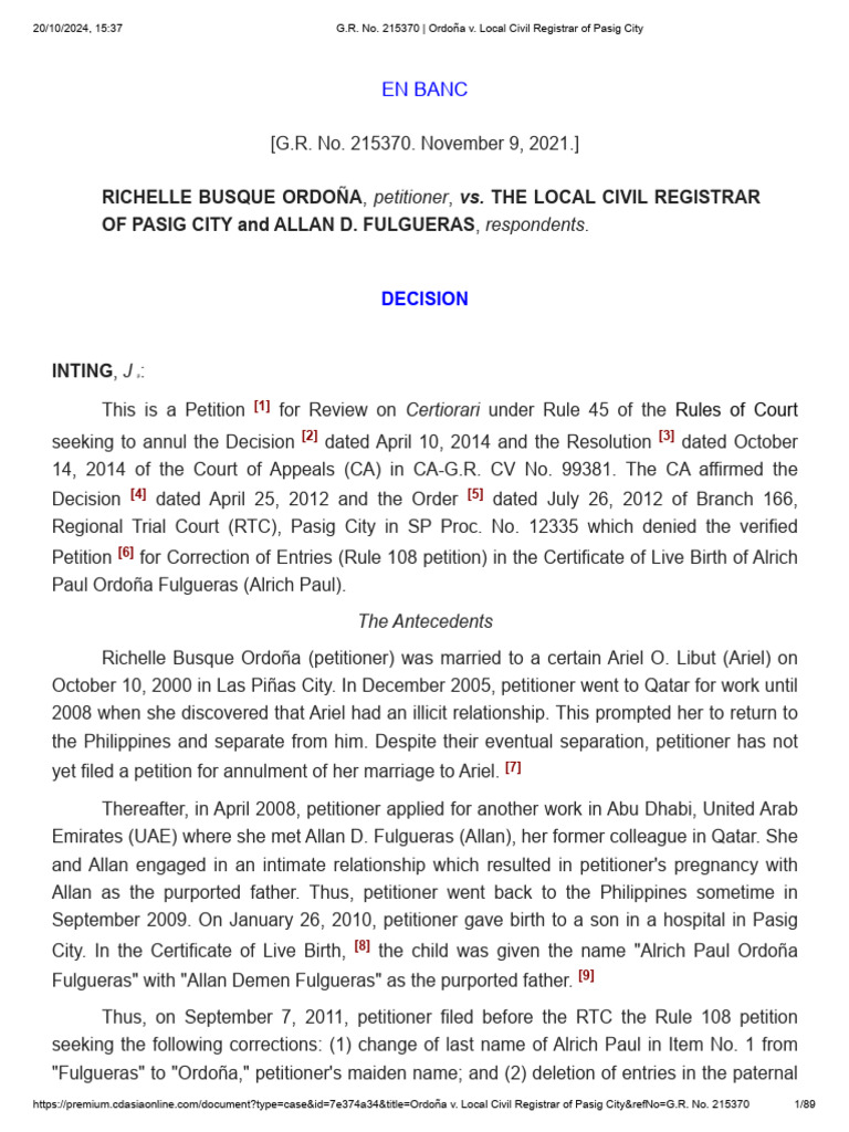 G.R. No. 215370 - Ordoña v. Local Civil Registrar of Pasig City | PDF | Legitimacy (Family Law ...
