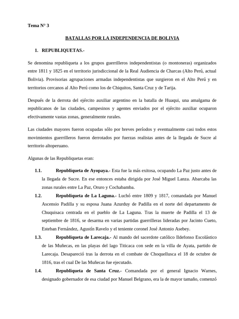 Batallas Por La Independencia de Bolivia | PDF | Colonización española ...