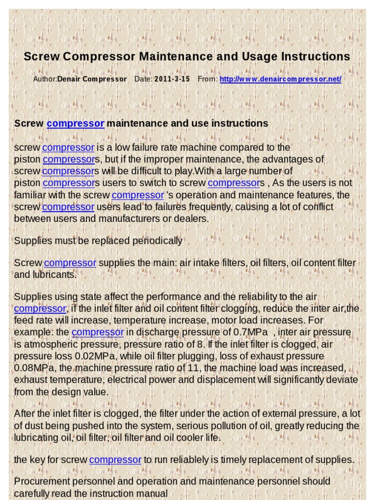 Screw Compressor Maintenance and Usage Instructions | PDF | Gas ...