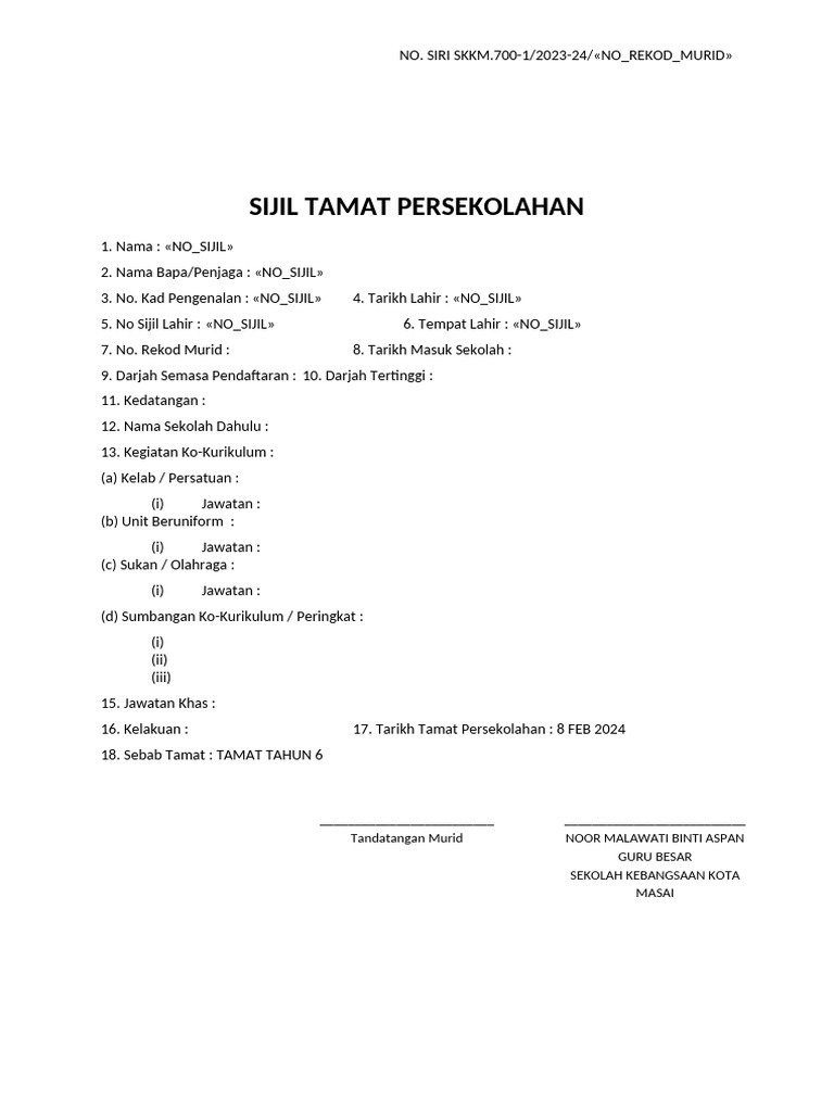 SIJIL TAMAT PERSEKOLAHAN 2024 | PDF