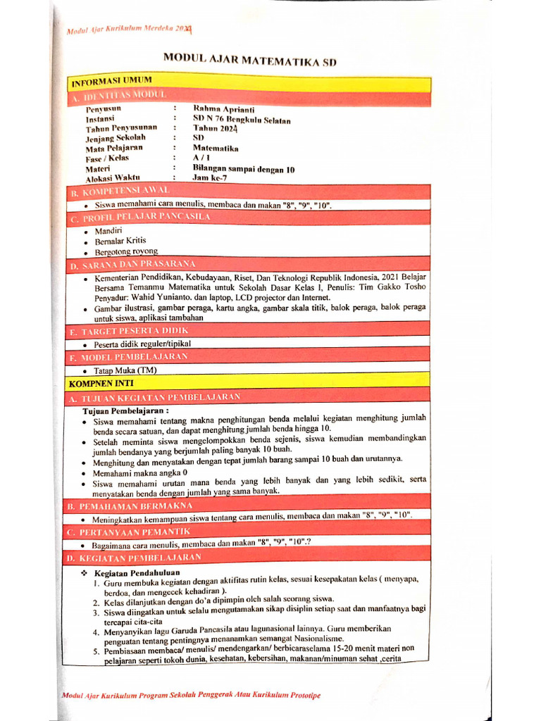 Modul Ajar Kelas 1 Matematika Rahma | PDF
