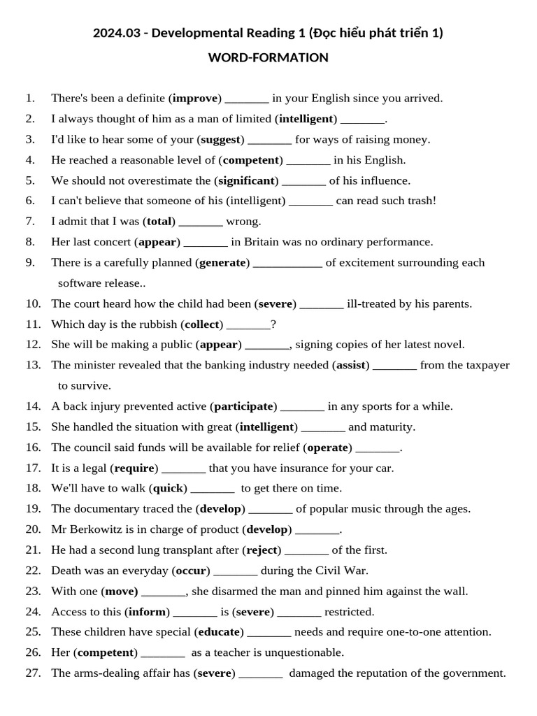 Word Formation Exercises for English Learners | PDF