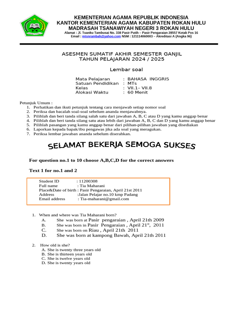 ASESMEN SUMATIF AKHIR SEMESTER 2024 | PDF