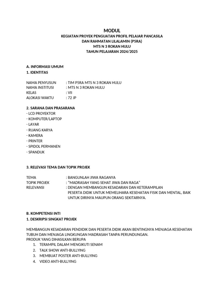 MODUL P5RA Bangunlah Jiwa Dan Ragaku | PDF