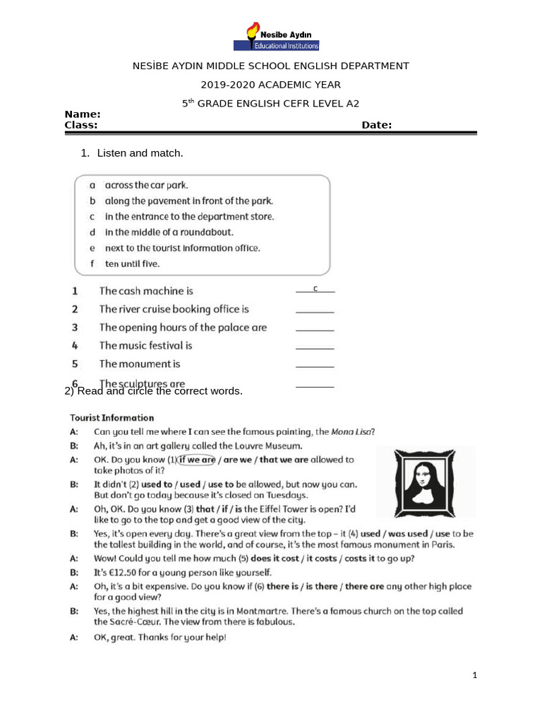5th Grade A2 English Activities Guide | PDF