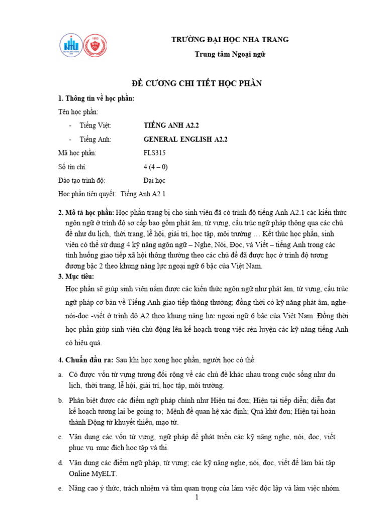 DCCTHP Tieng Anh A2.2 HK1.2024.2025 | PDF