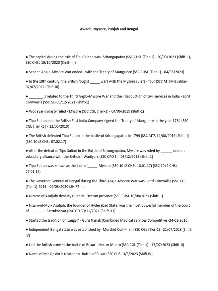 Awadh, Mysore, Punjab and Bengal | PDF | Punjab | Indian Religions