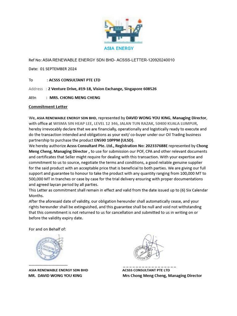 Asia Renewable Energy SDN BHD - Acsss-Letter-120920240010 | PDF ...
