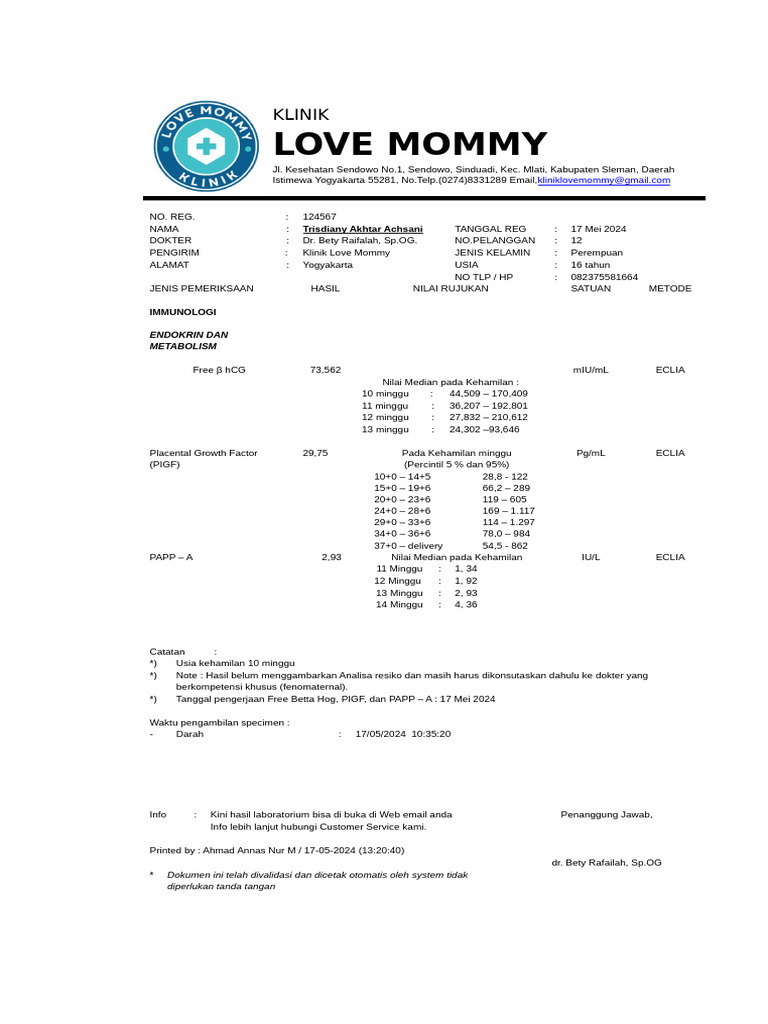 Hasil Tes Lab Kehamilan Diany | PDF