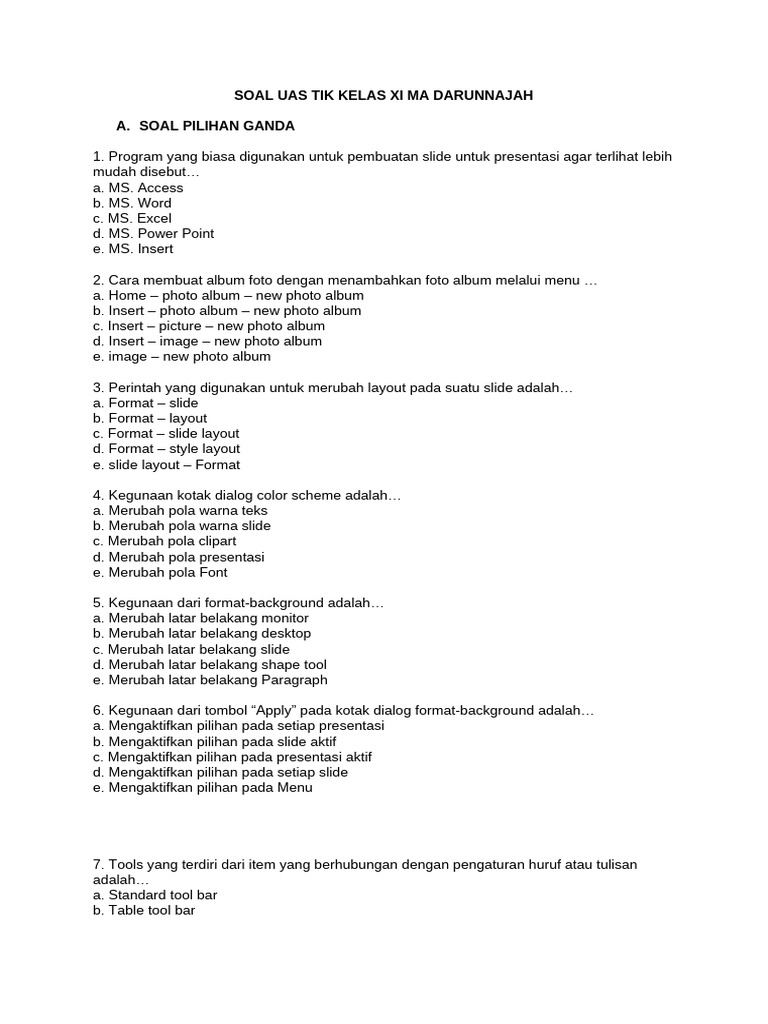 Soal Uas Tik Kelas Xi Ma Darunnajah | PDF