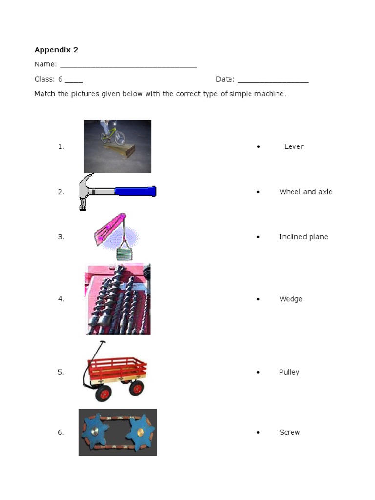 Simple Machines Matching Worksheet | PDF
