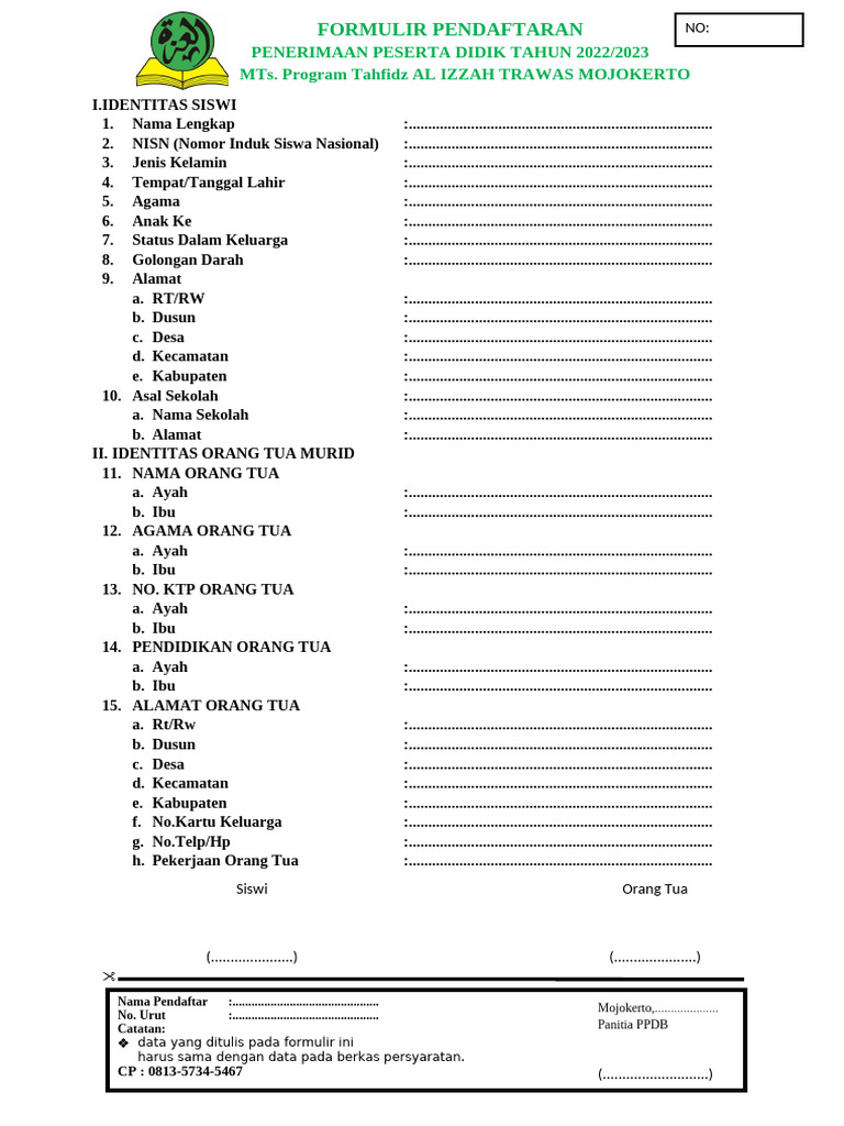 Formulir Pendaftaran MTS 2022-2023 | PDF | Griya & Taman