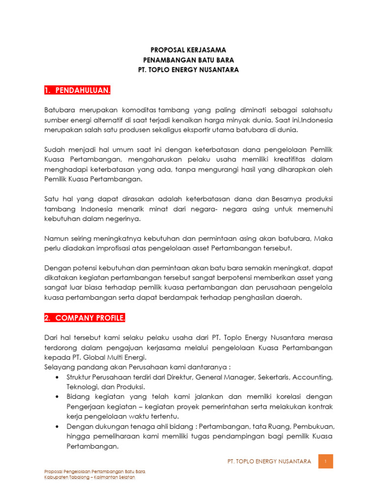 Proposal Pengelolaan Pertambangan Batu Bara - PT. Toplo Energy Nusantara | PDF | Griya & Taman ...