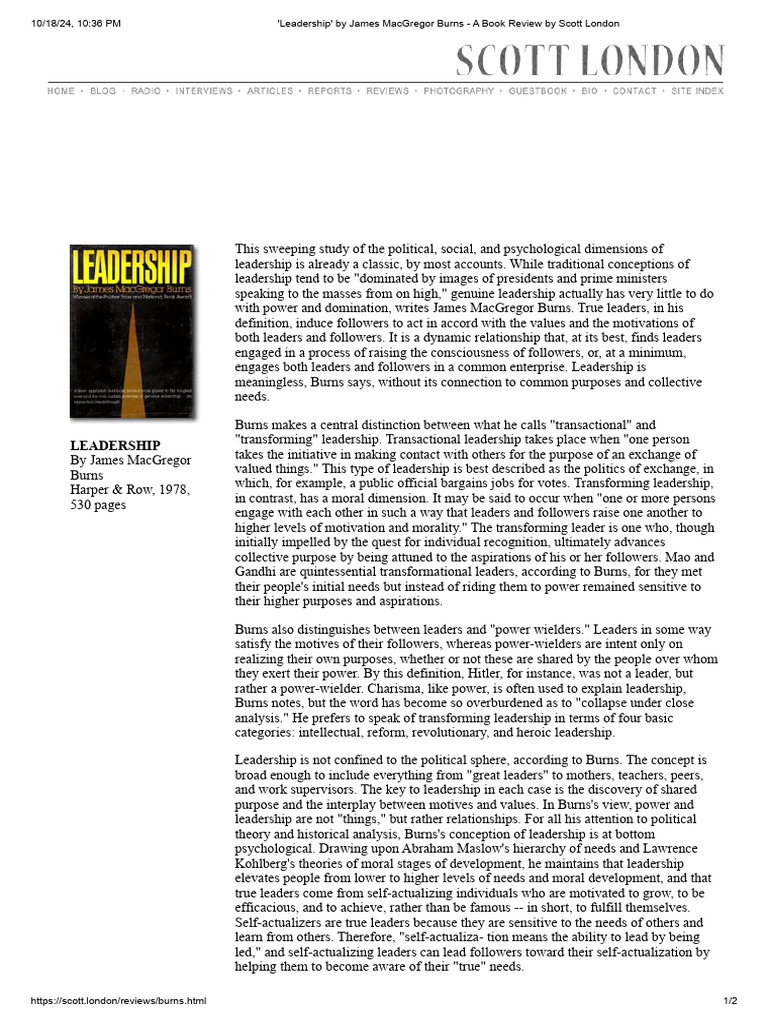 'Leadership' by James MacGregor Burns - A Book Review by Scott London | PDF | Leadership ...