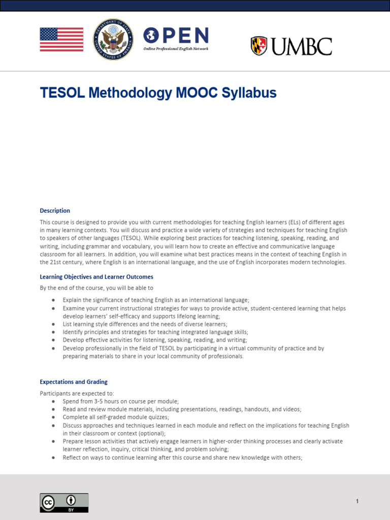 TESOL Methodology MOOC Syllabus | PDF | English As A Second Or Foreign ...