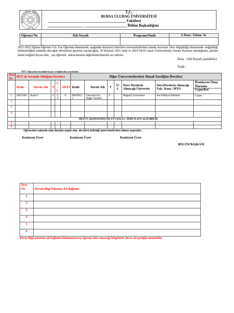 Yaz Okulu Ders Denklik Formu2022 | PDF