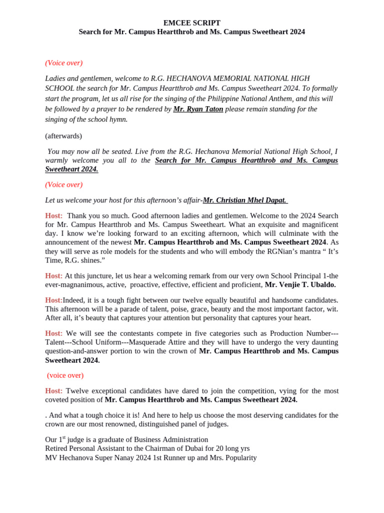 Emcee Script MR Campus Heartthrob MS Campus Sweetheart | PDF | Business