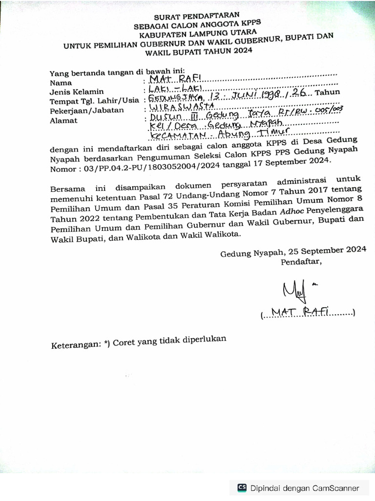 Surat Pendaftaran Mat Rafi | PDF