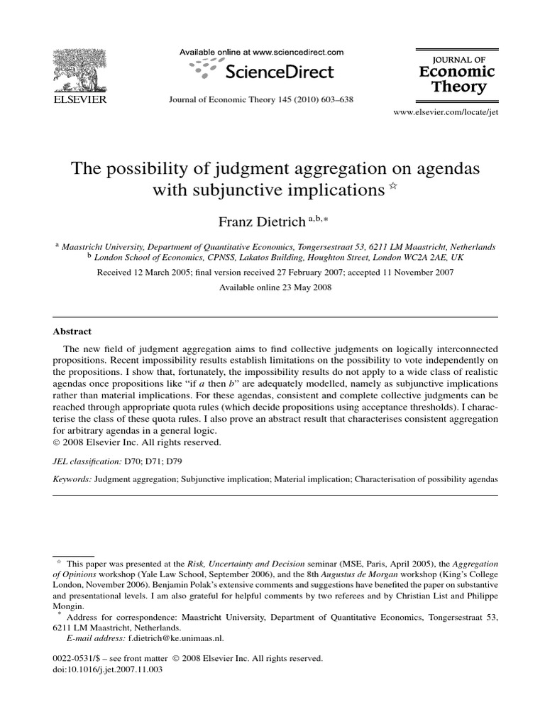 The Possibility of Judgment Aggregation On Agendas With Subjunctive Implications | PDF | If And ...