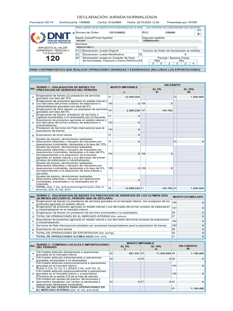 Declaración Jurada IVA Formulario 120 V4 | PDF | Impuesto al valor ...