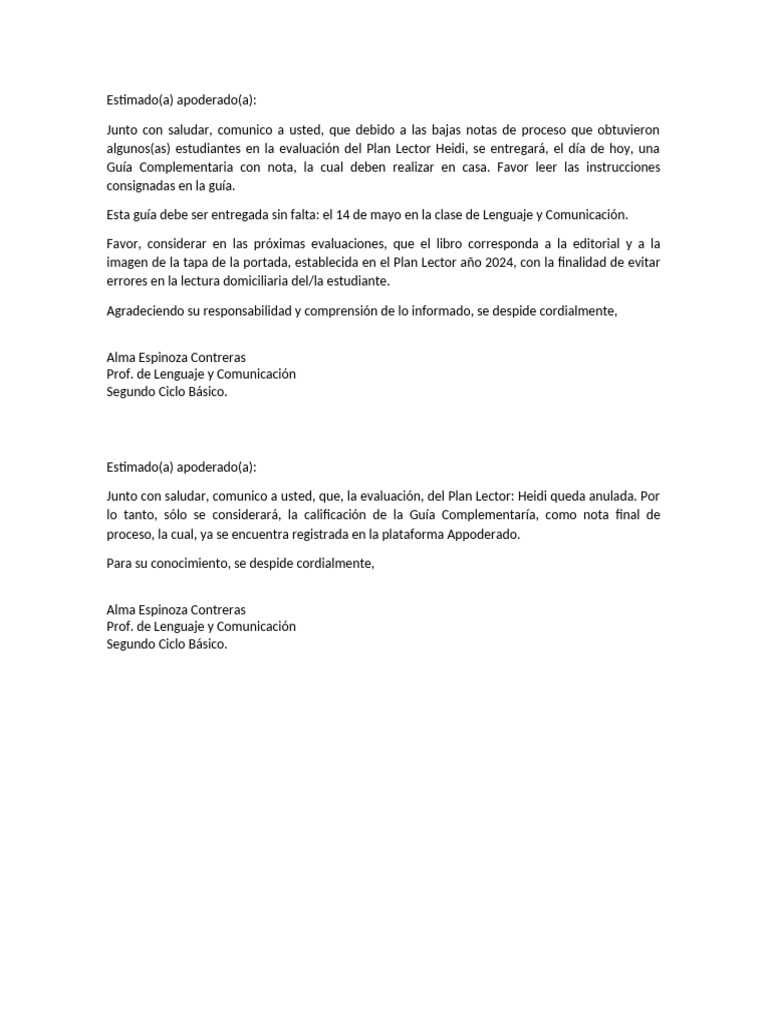 Comunicación Apoderado Plan Lector Remedial | PDF