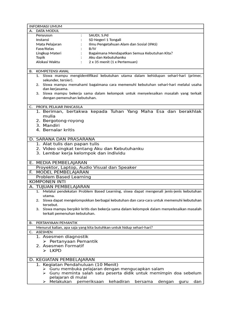 Berikut Adalah Rancangan Modul Ajar Untuk Mata Pelajaran IPAS Kelas IV Semester 2 Dengan Lingkup ...