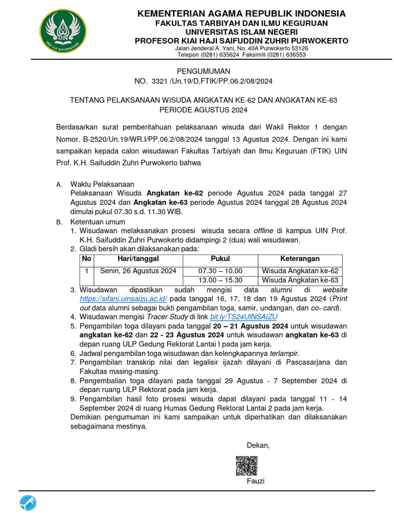 Pengumuman Pelaksanaan Wisuda Periode Agustus 2024 | PDF