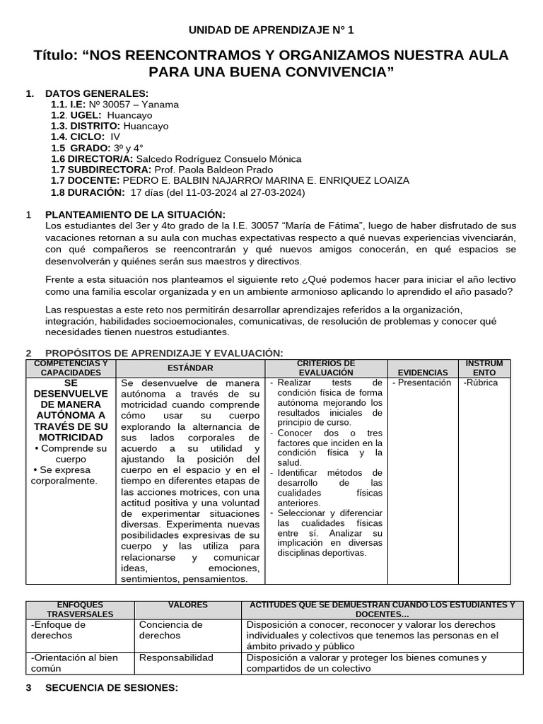 Unidad de Aprendizaje n1 - 3ero y 4to | PDF | Evaluación | Conceptos psicologicos