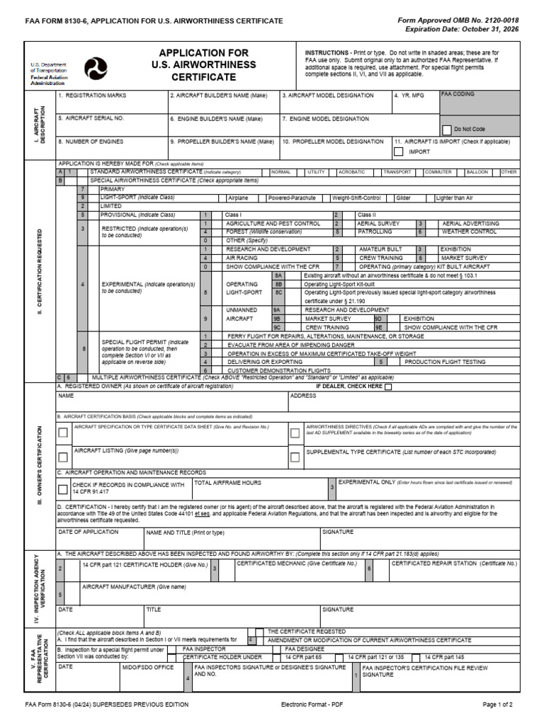 FAA Form 8130-6 Airworthiness Application | PDF | Federal Aviation ...