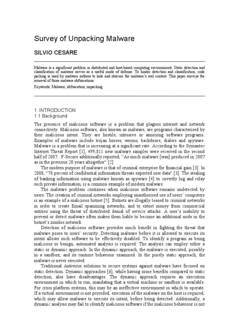 Survey of Malware Unpacking Techniques | PDF | Malware | Emulator