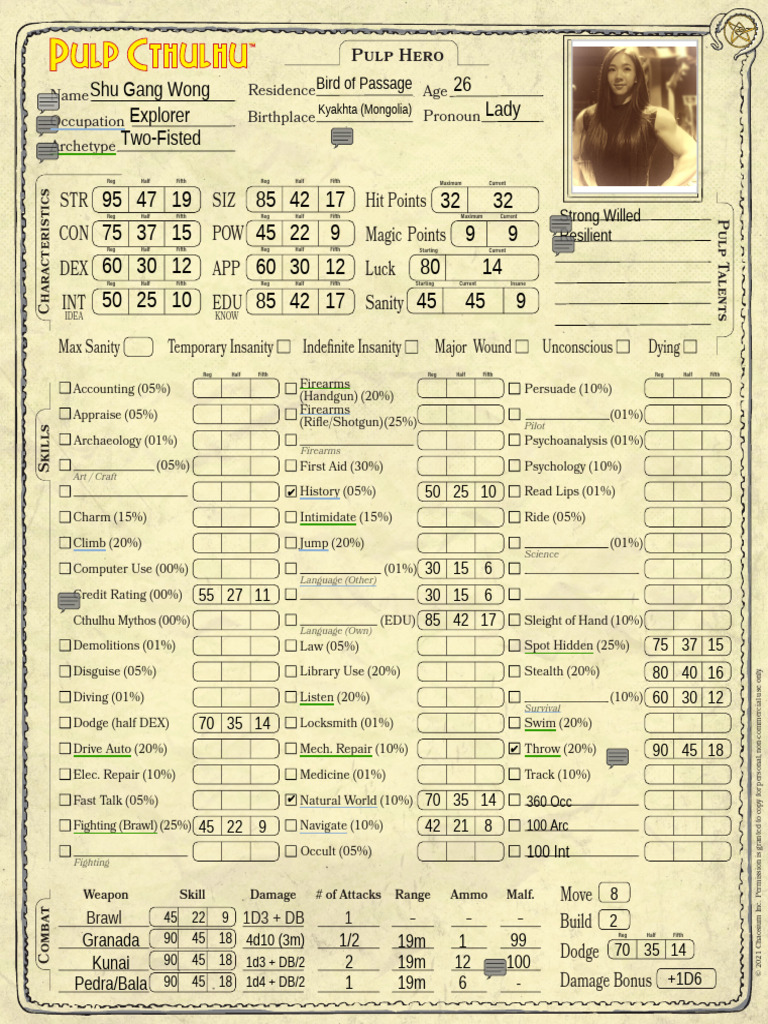 SHU GANG WONG - CoC7 PC Sheet - Auto-Fill - 1930s Pulp - Standard - Color | PDF