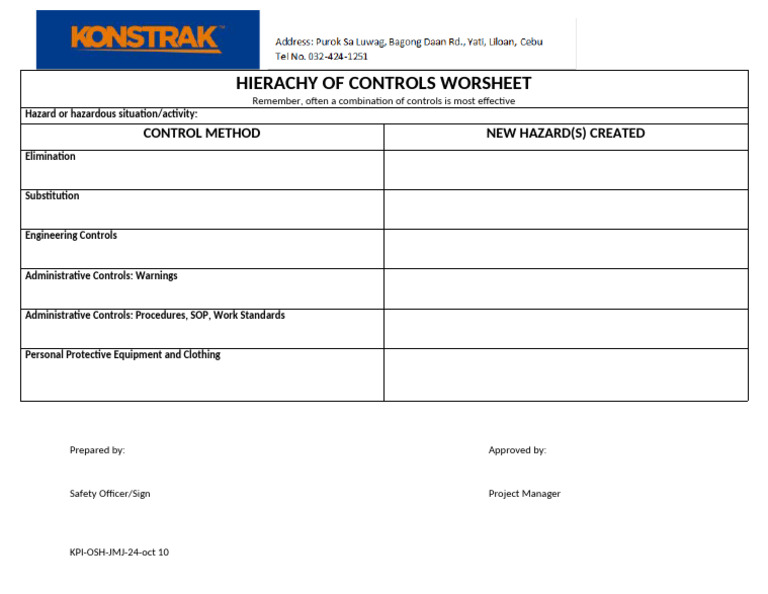 Hierachy of Controls Worsheet | PDF
