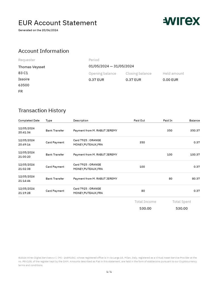 Statement EUR 5 1 202412 00 00AM 5 31 202411 59 59PM | PDF | Banks | Wire Transfer