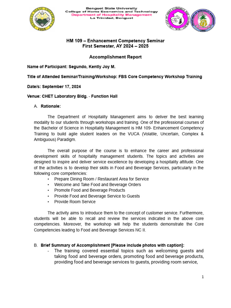 Accomplishment Report FBS | PDF | Cognition | Learning