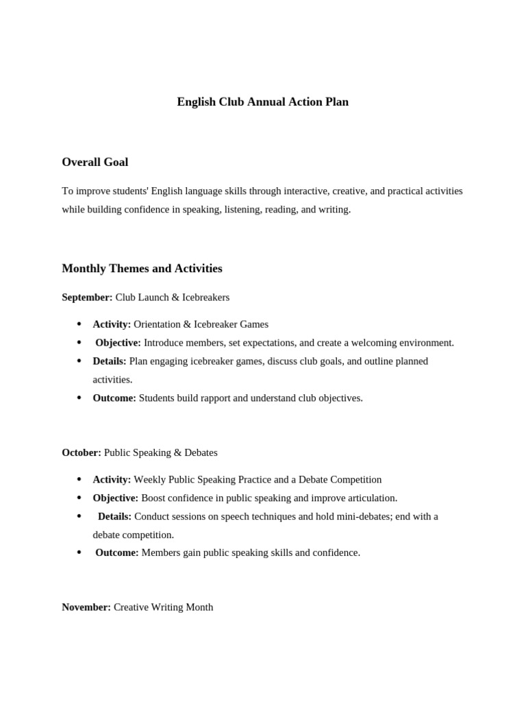 English Club Annual Action Plan | PDF | English Language | Vocabulary