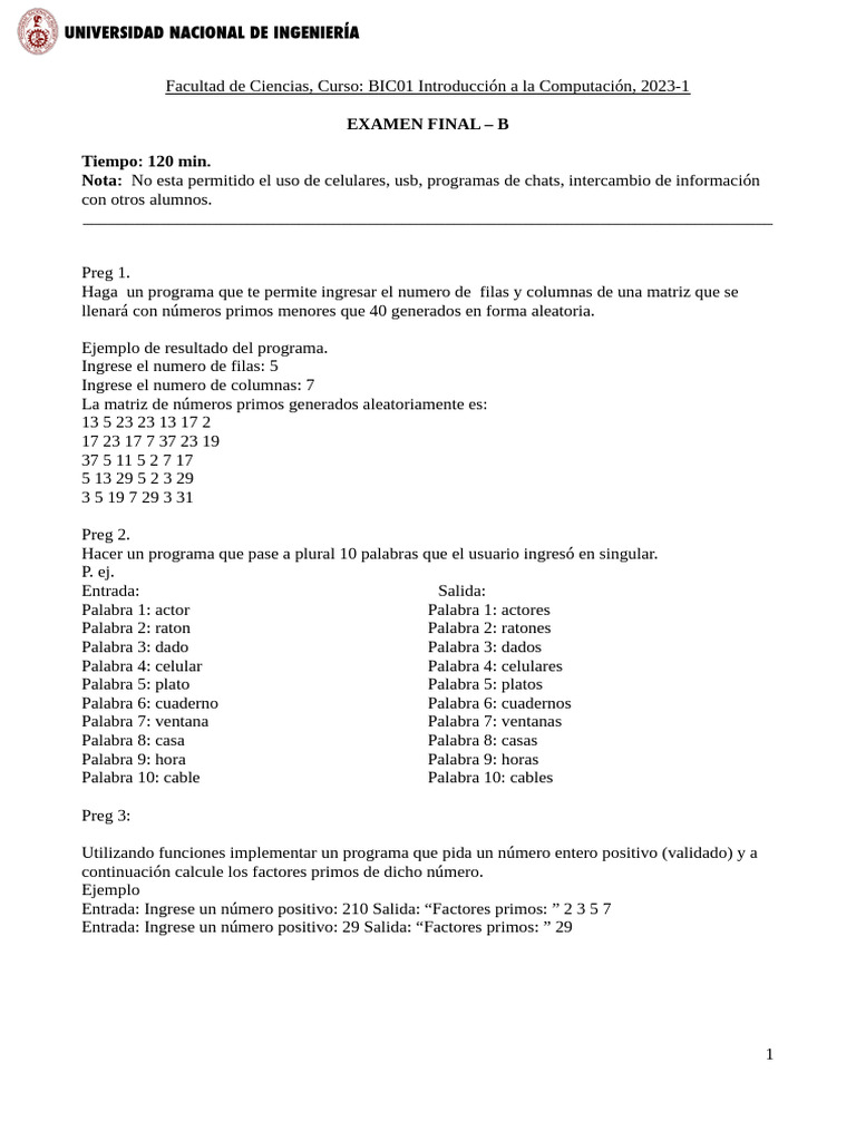 BIC01 Examen Final 2023-I | PDF | Número primo | Ciencias de la Computación