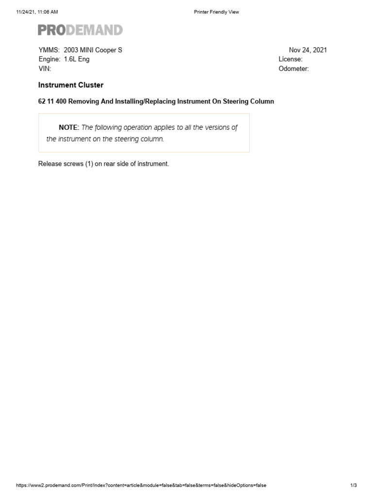 2003 Mini Cooper Cluster Replace | PDF