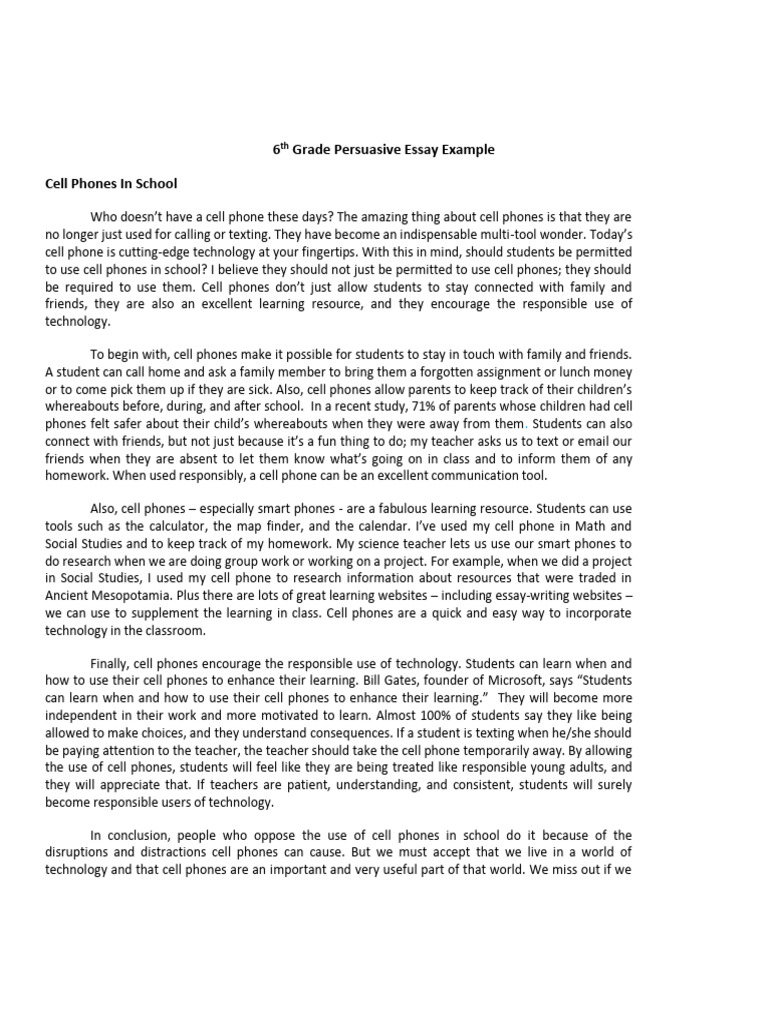 6th Grade Persuasive Essay Example | PDF | Mobile Phones | Homework