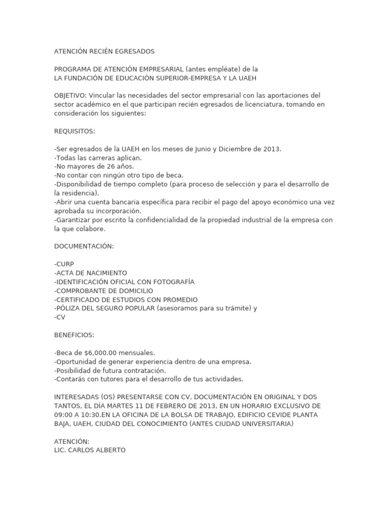 Programa de Atención Empresarial UAEH | PDF