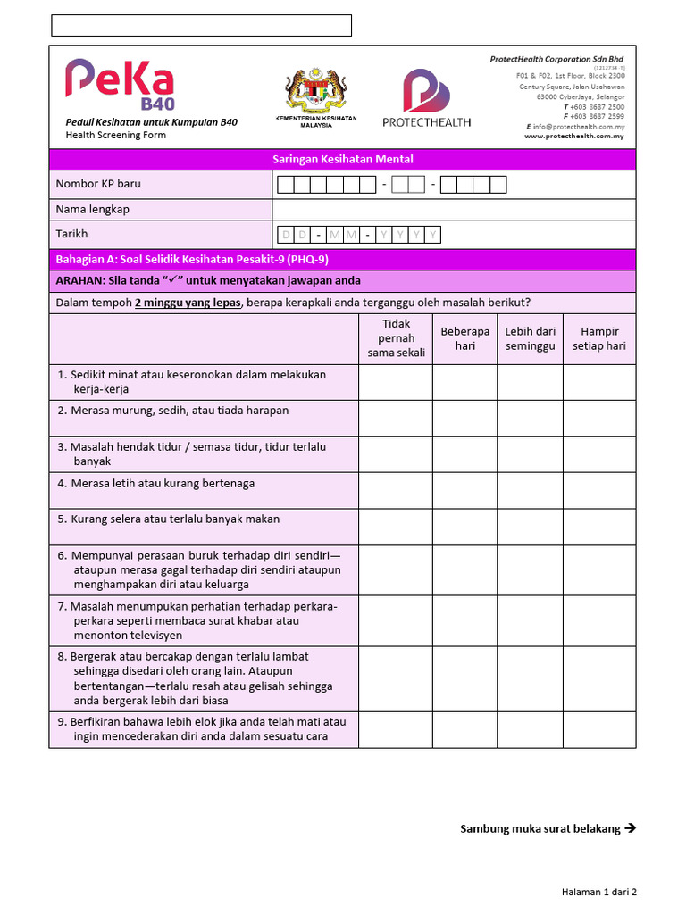 PeKa B40 Mental Health Screening Questionnaire (BM) | PDF