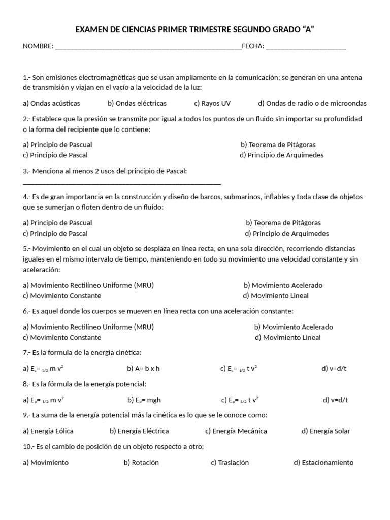 EXAMEN DE CIENCIAS PRIMER TRIMESTRE SEGUNDO GRADO | PDF | Ciencias fisicas | Física Aplicada e ...
